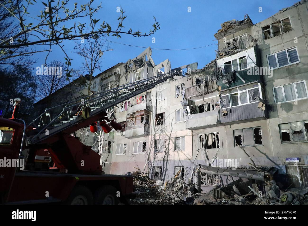 SLOVIANSK, UKRAINE - APRIL 14, 2023 - A ladder reaches the top of a ...