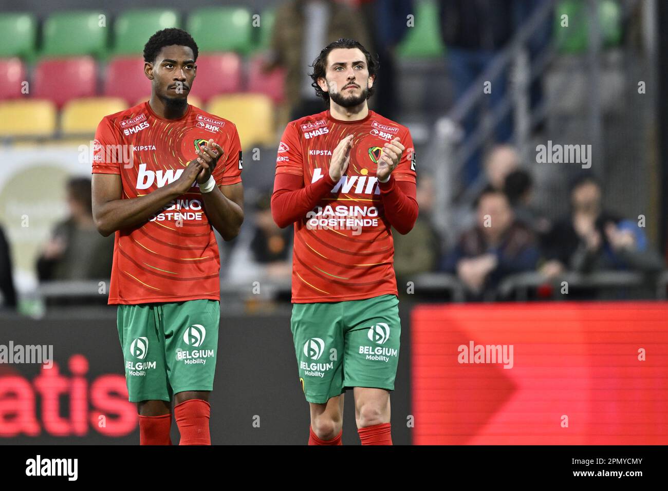 Oostende, Belgium. 15th Apr, 2023. Oostende's Zech Medley and Oostende ...