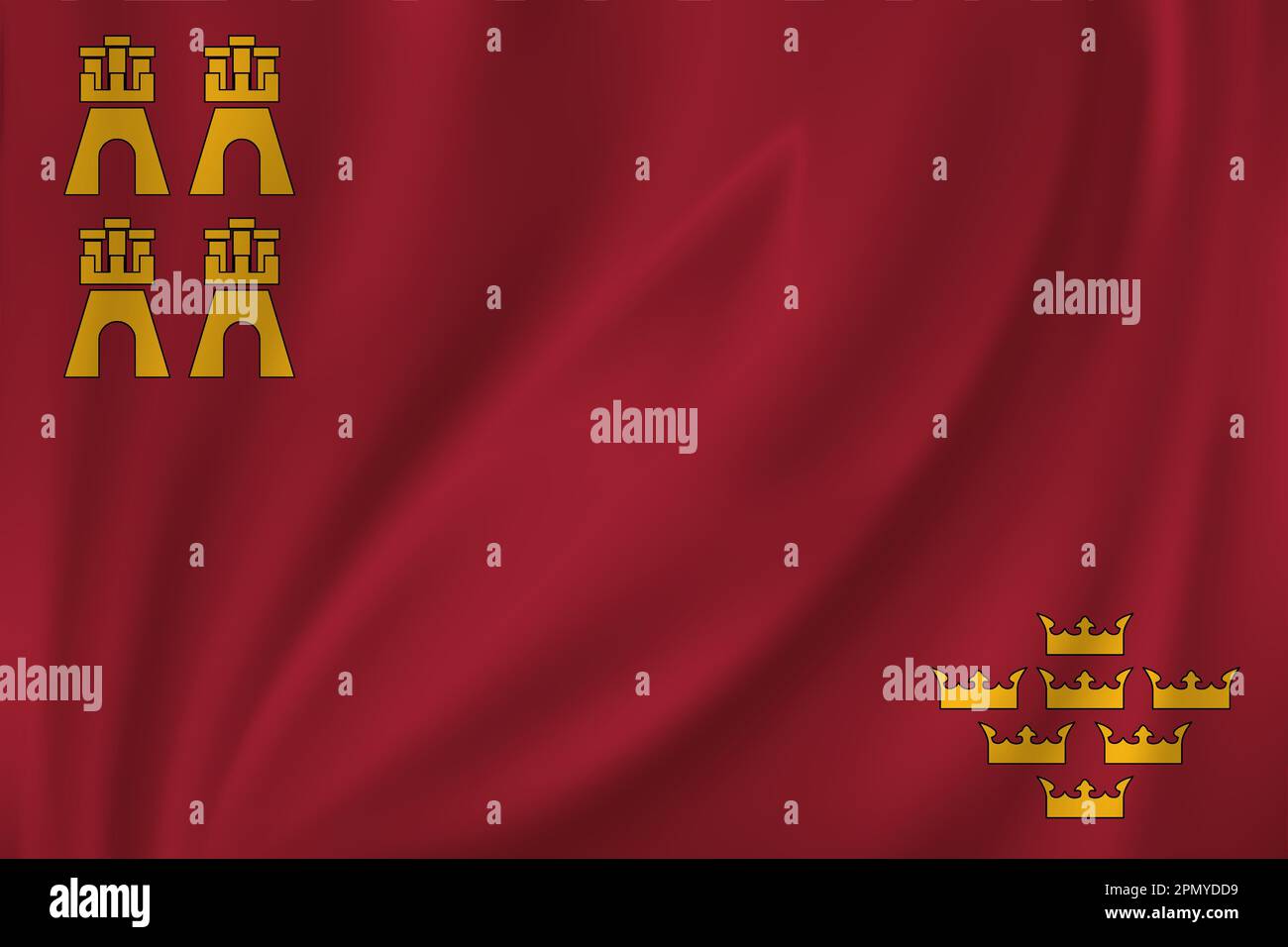 Flag of Region Murcia waving in the wind on silk background. State ...