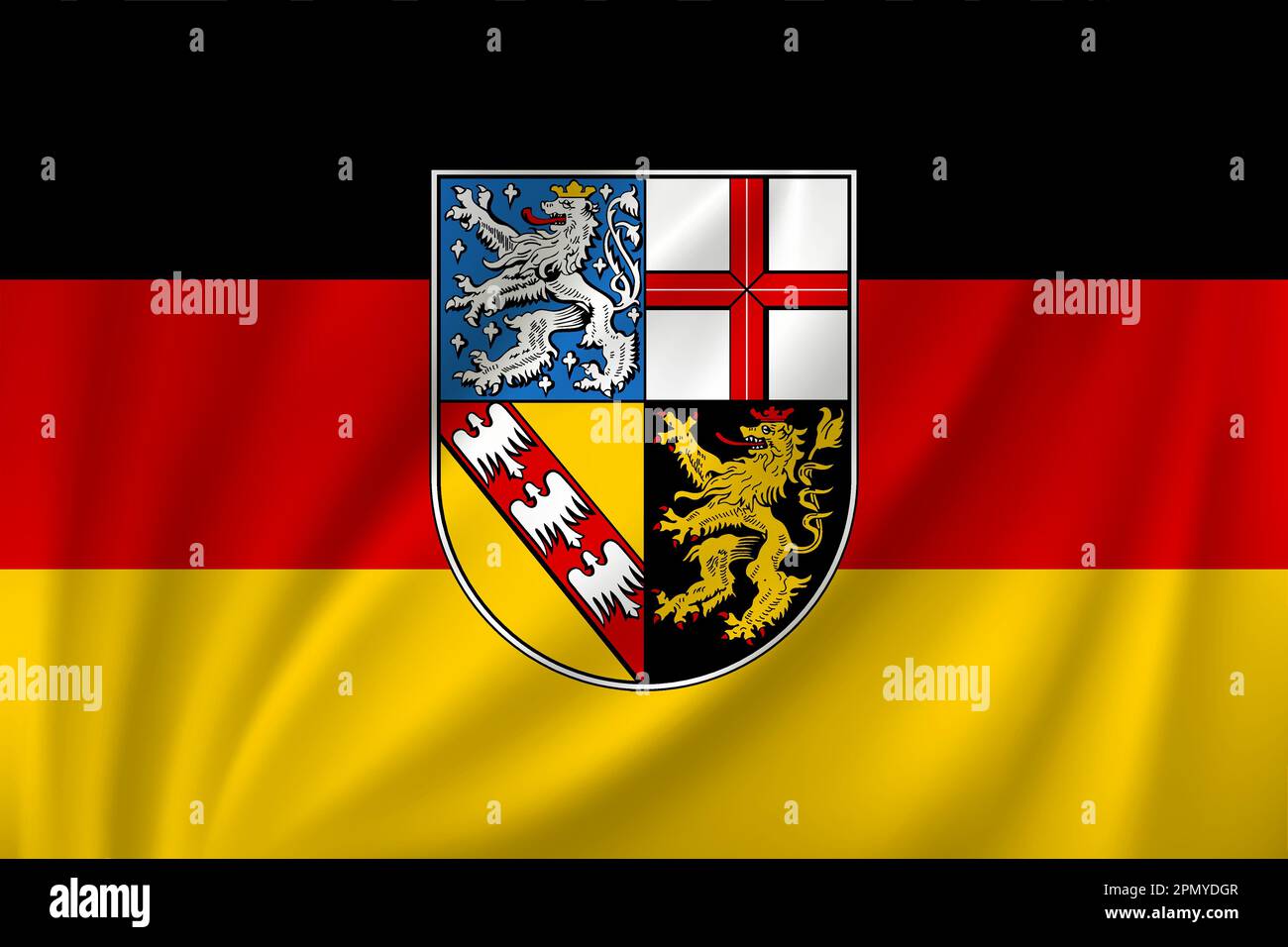 Flag of Saarland waving in the wind on silk background, State Germany ...