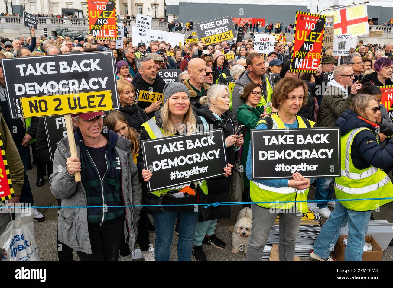 London, UK. 15 April 2023. Anti-ULEZ protesters gather in Trafalgar ...