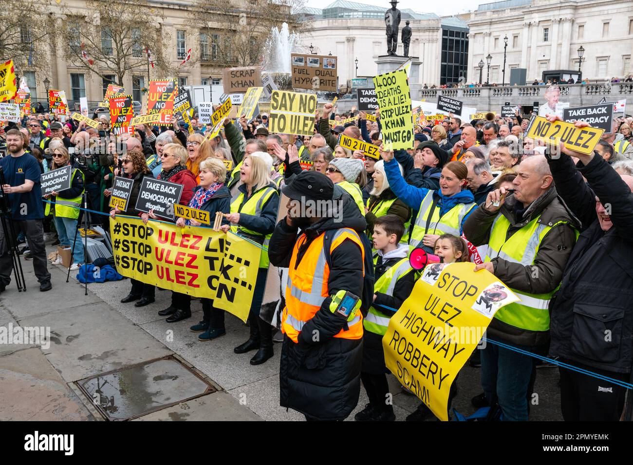 London, UK. 15 April 2023. Anti-ULEZ protesters gather in Trafalgar ...