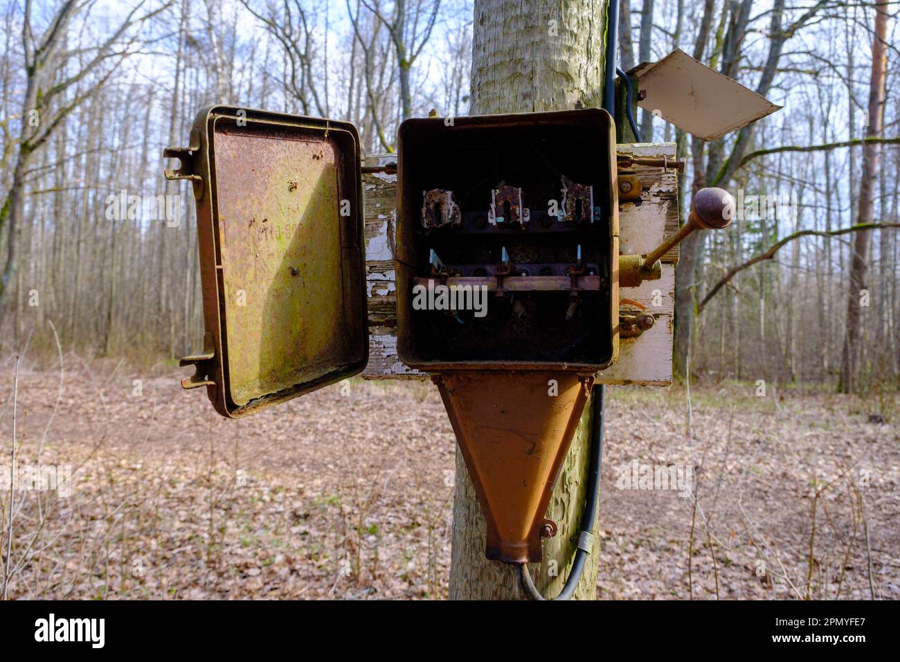 Old electrical cabinet with safety fuses and switches. Picture taken in ...