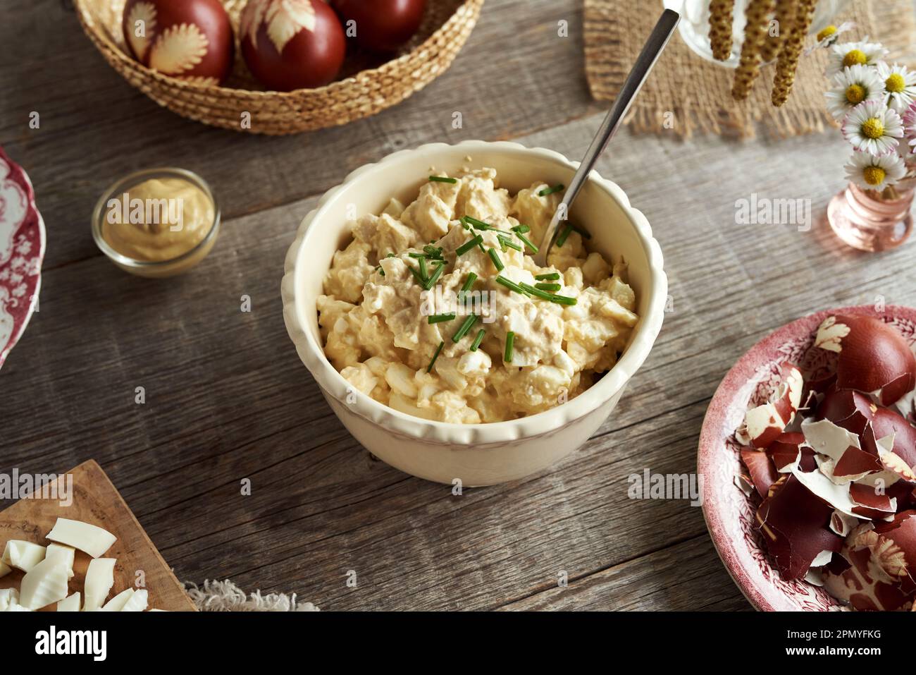 Bread spread made of leftover Easter eggs, mustard and cottage cheese Stock Photo - Alamy