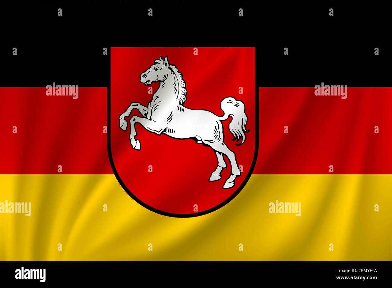 Flag of Lower Saxony waving in the wind on silk background, State ...