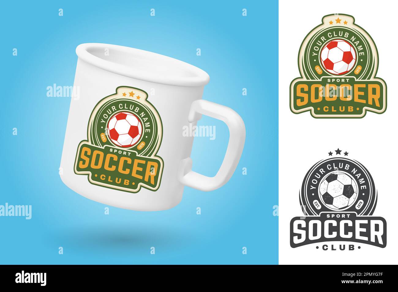 White camping cup. Realistic mug mockup template with sample design ...