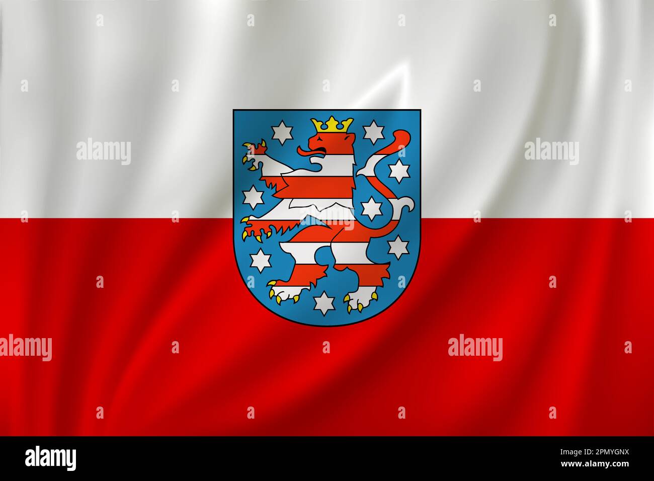 Flag of Thuringia waving in the wind on silk background, State Germany ...