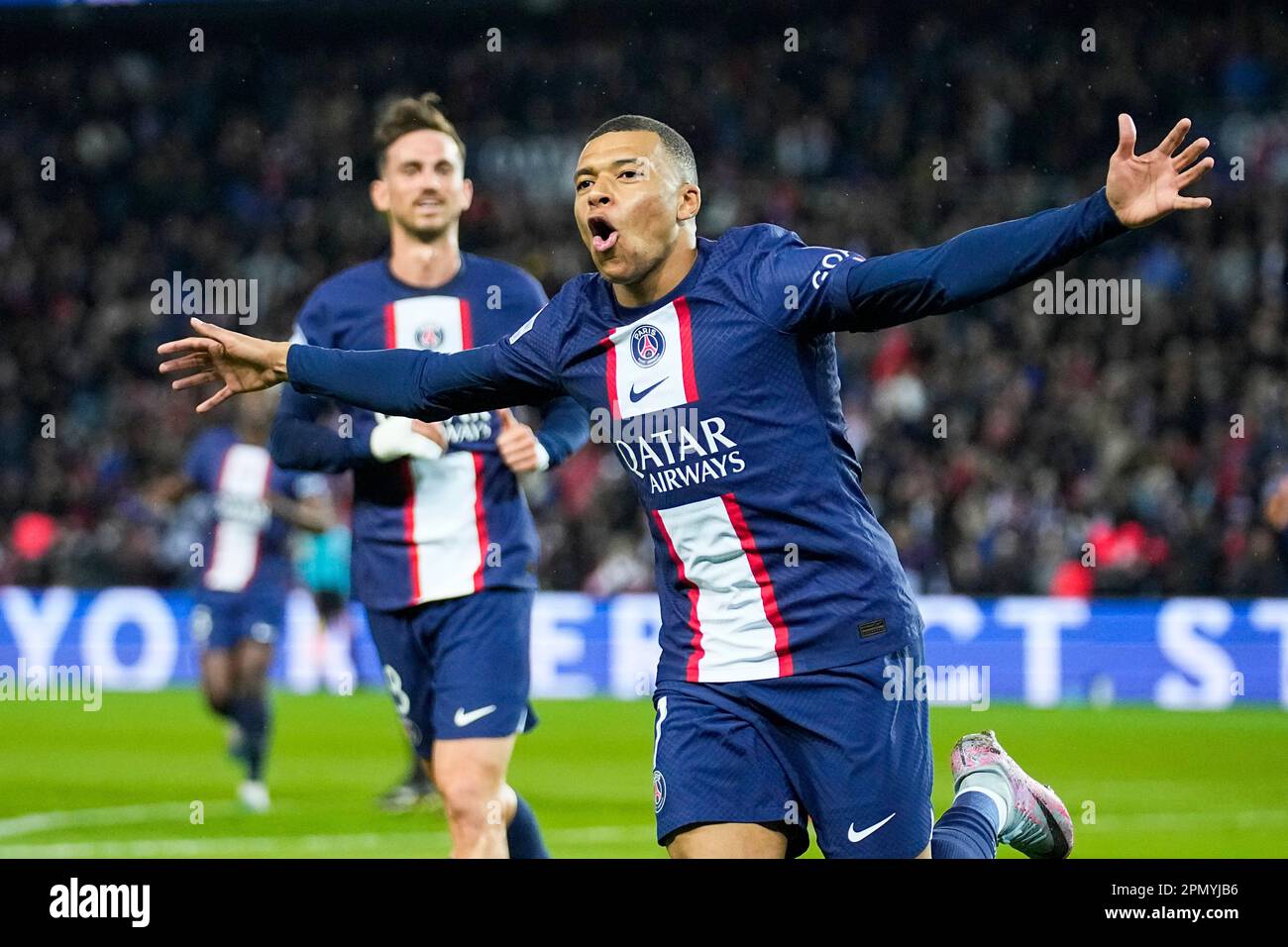 PSG's Kylian Mbappe celebrates scoring his side's opening goal during ...