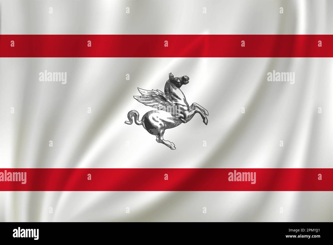 Flag of Tuscany waving in the wind on silk background. State Italy ...