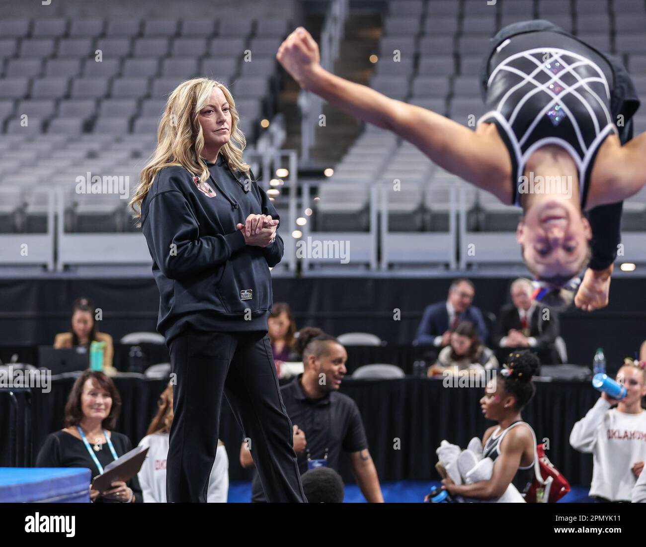 April 15, 2023: Oklahoma head coach K.J. Kindler observes her team ...
