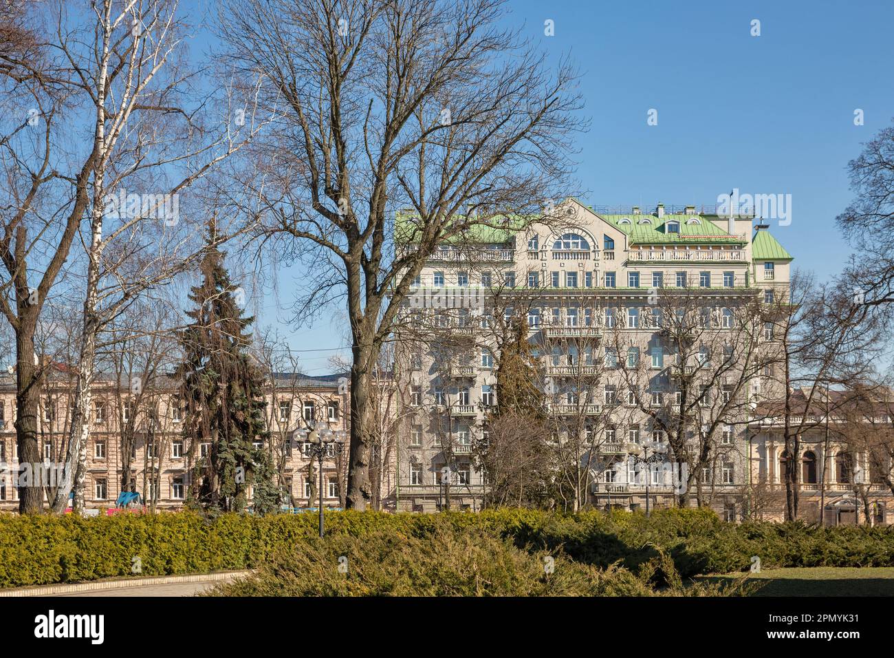 Taras Shevchenko park in Kyiv downtown, Ukraine. Khanenko manor built ...
