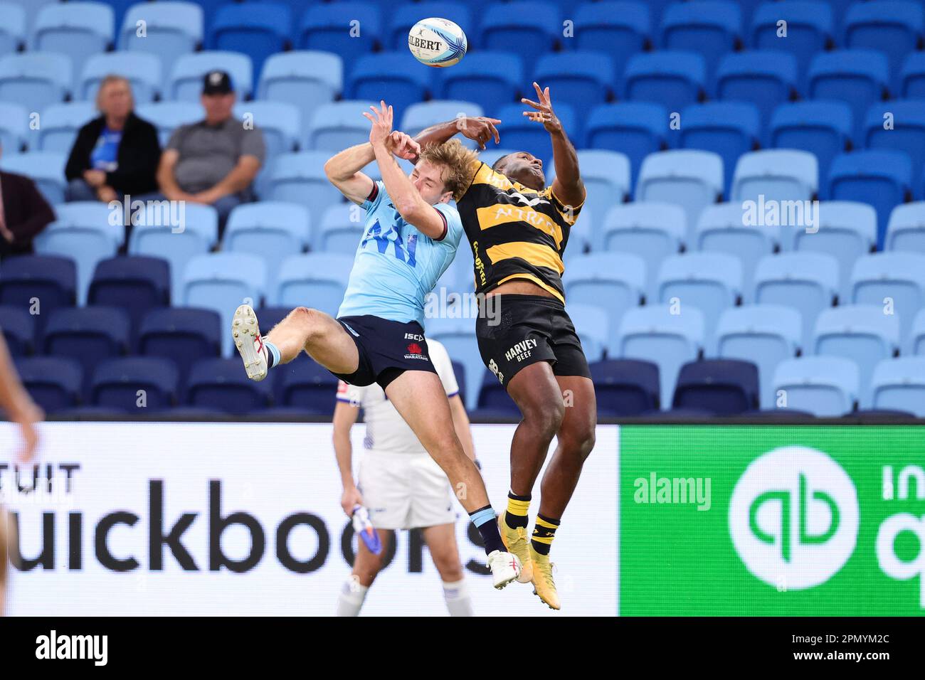 Sydney, Australia, 15 April, 2023. Max Jorgensen of Waratahs and Manasa ...