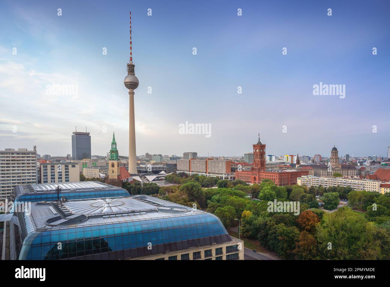 Aerial view of Berlin with TV Tower, St. Mary Church, Berlin City Hall ...