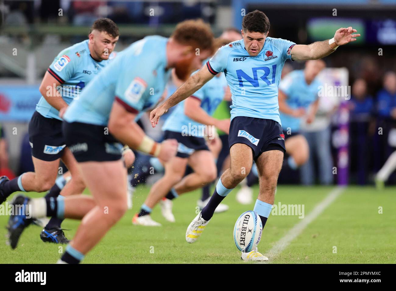 SYDNEY, AUSTRALIA - APRIL 15: Ben Donaldson of Waratahs restarts play ...