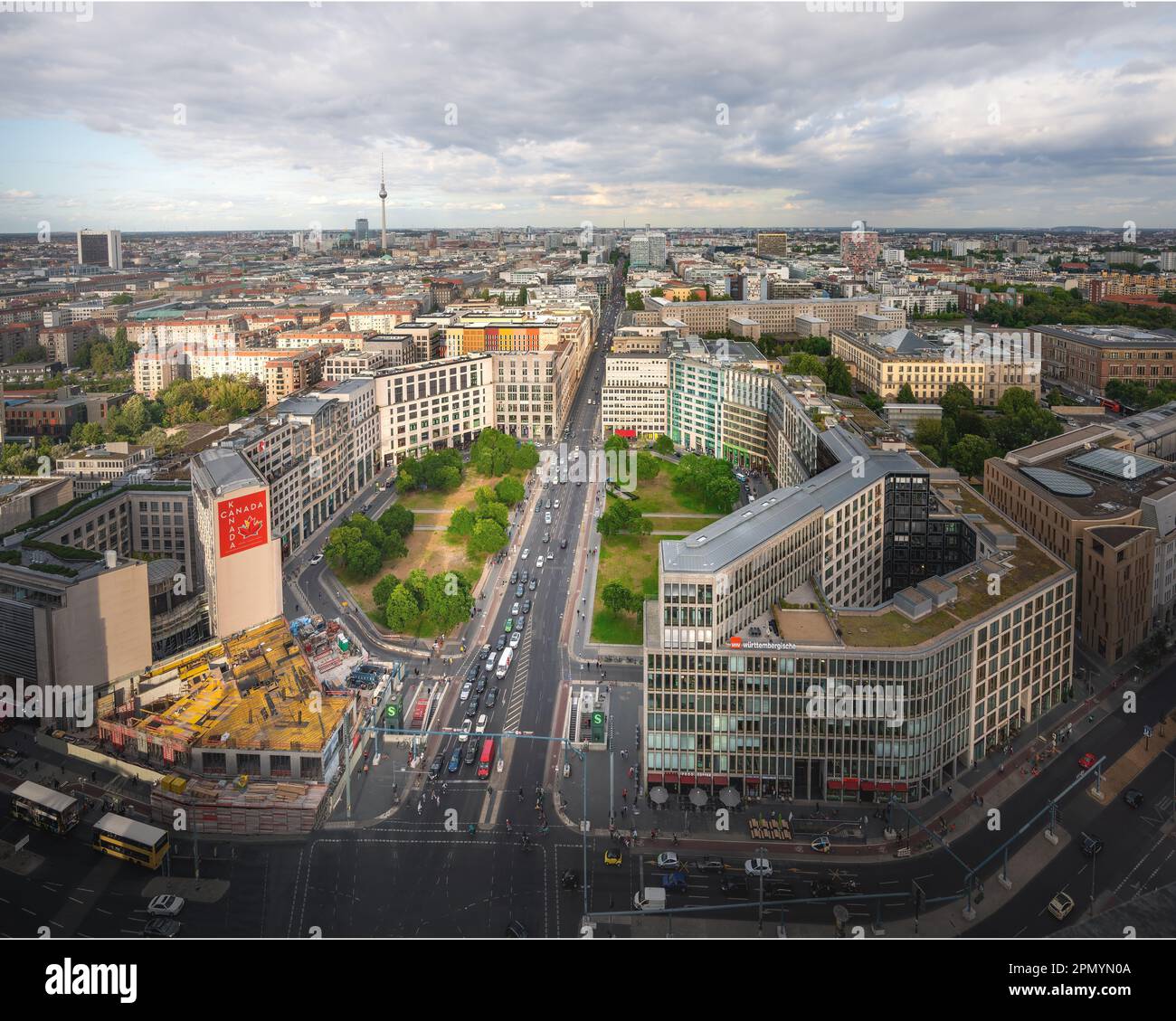 Aerial view of Leipziger Platz Octogonal Square and Berlin Skyline ...