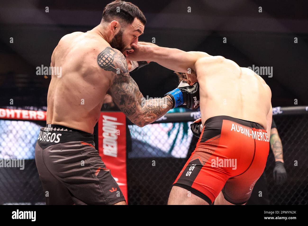 April 14, 2023: (L-R) Lightweight Shane Burgos punches Olivier Aubin-Mercier during the PFL 3 ...