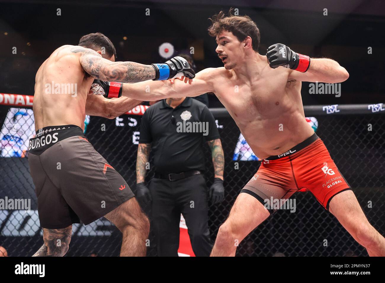 April 14, 2023: (R-L) Lightweight Olivier Aubin-Mercier punches Shane ...