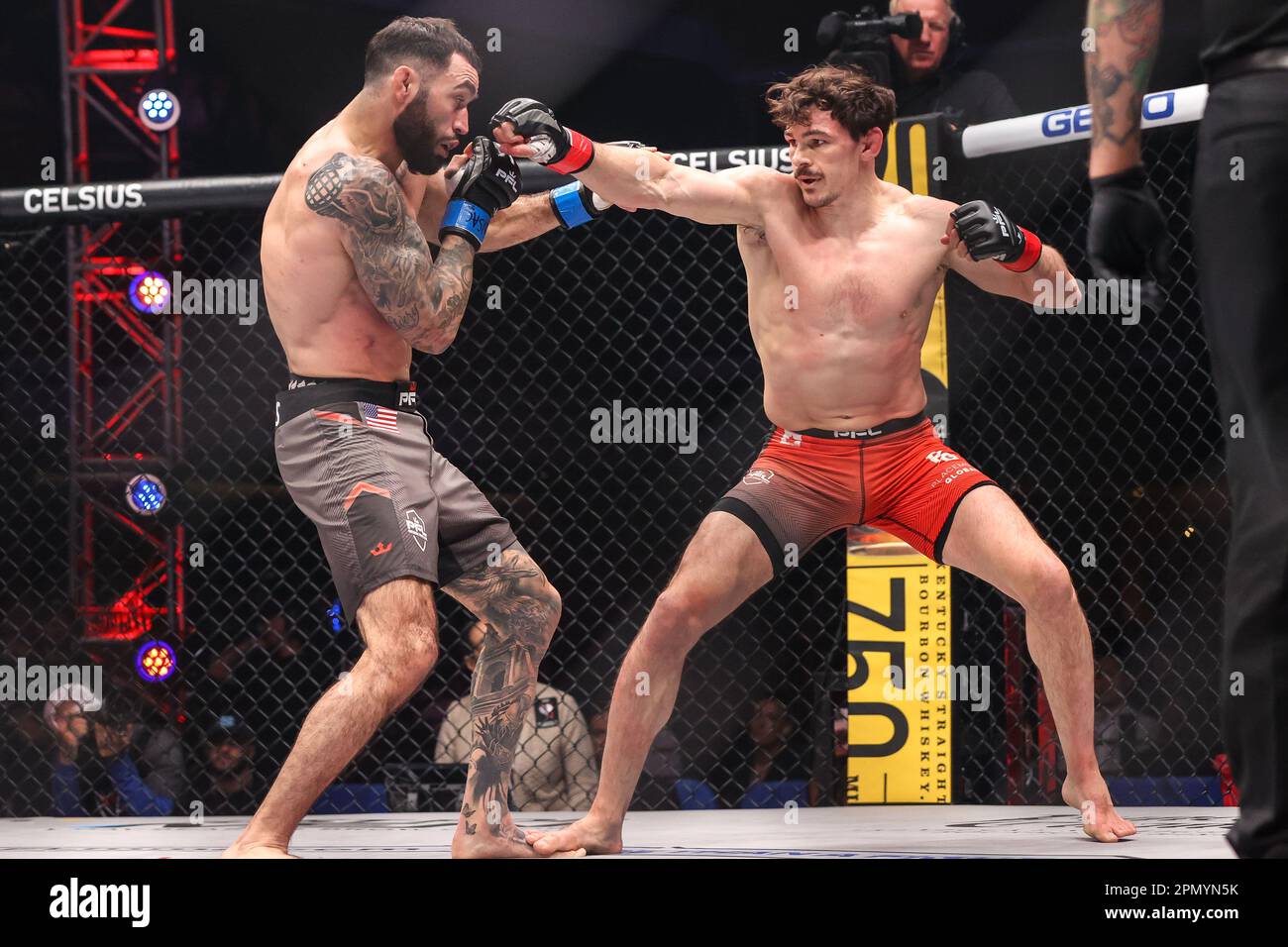 April 14, 2023: (R-L) Lightweight Olivier Aubin-Mercier punches Shane Burgos during the PFL 3 ...