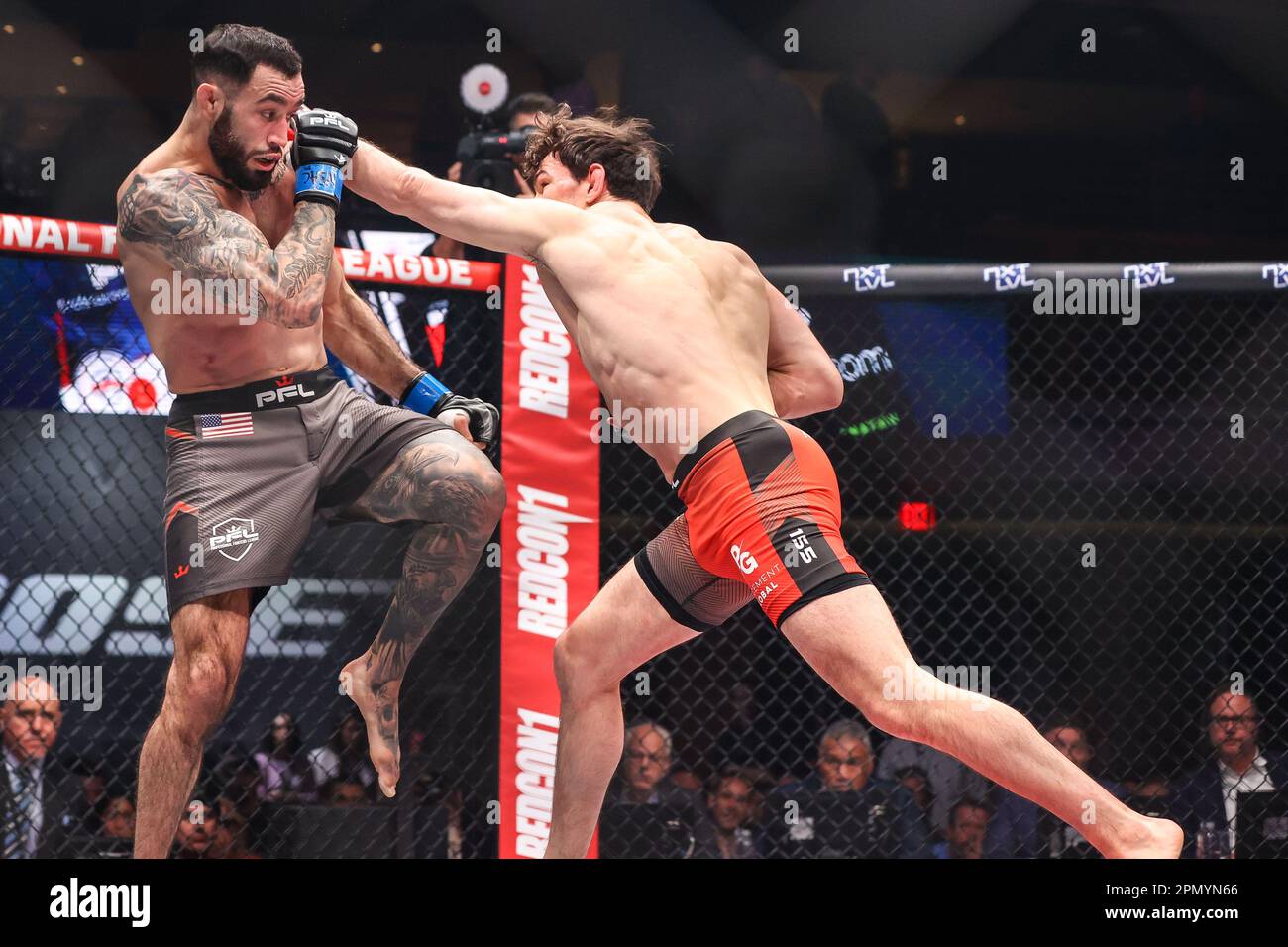 April 14, 2023: (R-L) Lightweight Olivier Aubin-Mercier punches Shane Burgos during the PFL 3 ...