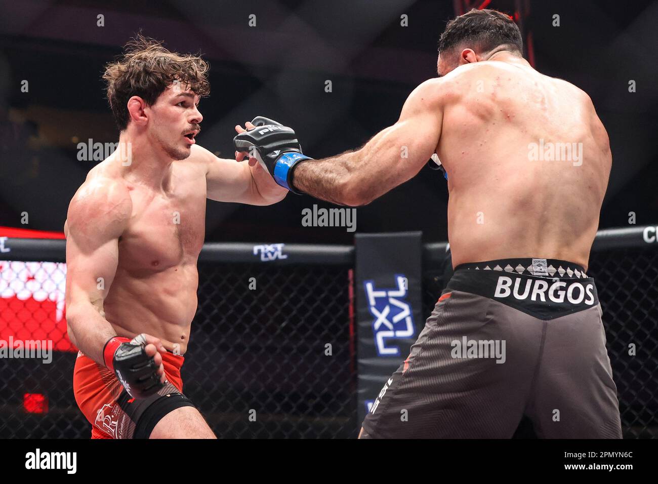 April 14, 2023: (L-R) Lightweight Olivier Aubin-Mercier punches Shane Burgos during the PFL 3 ...