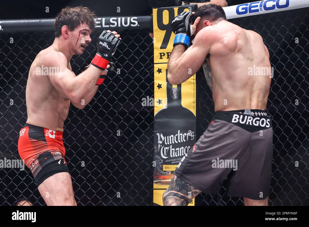 April 14, 2023: (L-R) Lightweight Olivier Aubin-Mercier looks for an opening against Shane ...