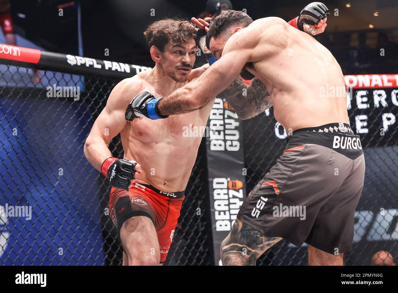 April 14, 2023: (L-R) Lightweight Olivier Aubin-Mercier punches Shane Burgos during the PFL 3 ...