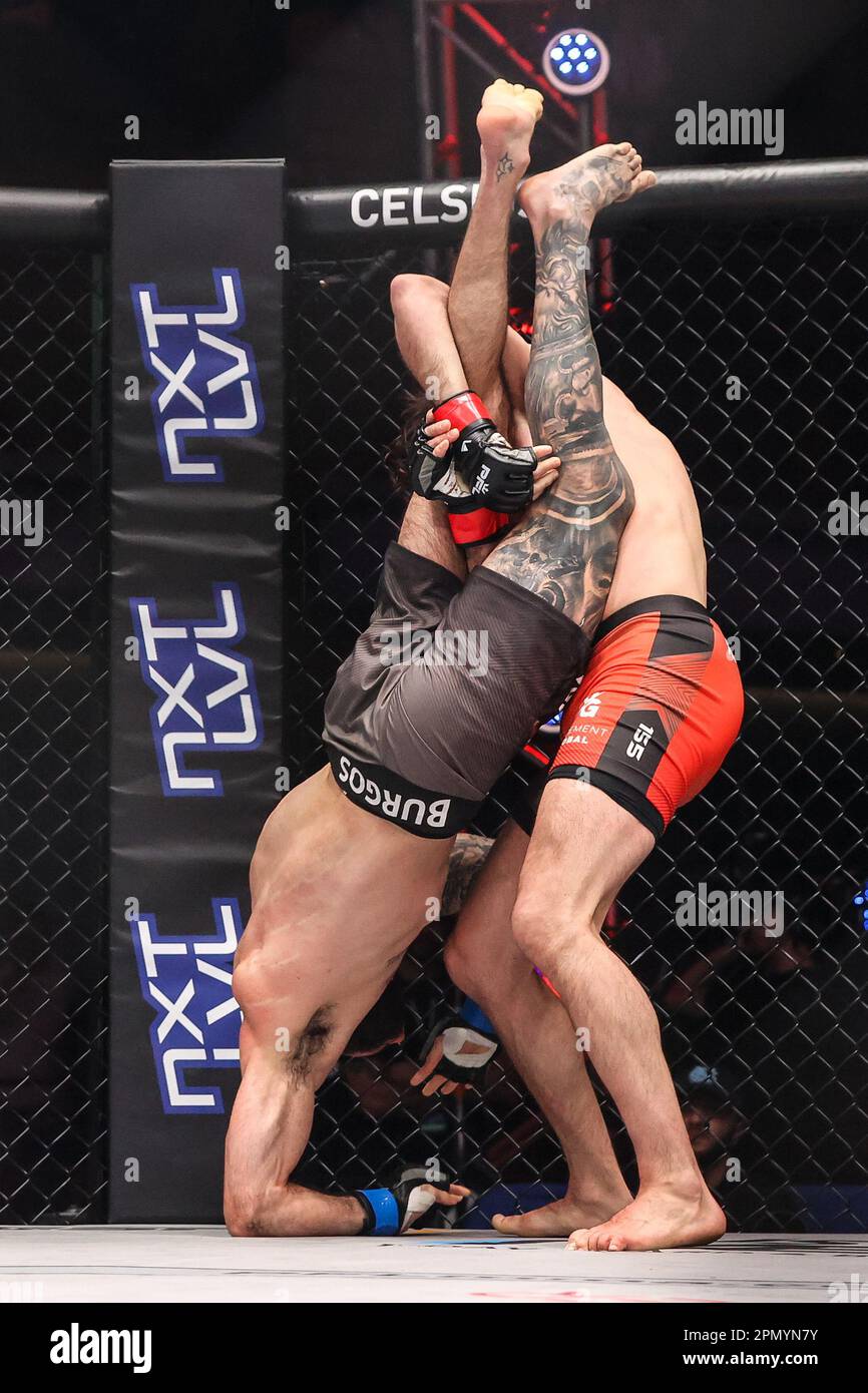 April 14, 2023: (R-L) Lightweight Olivier Aubin-Mercier slams Shane Burgos to the canvas during ...