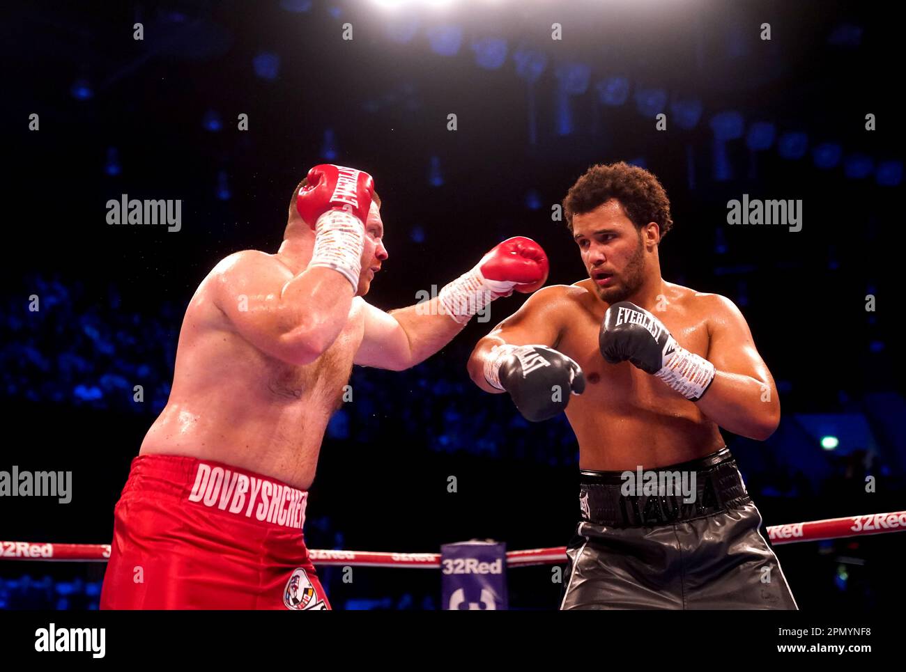 Moses Itauma (right) in action against Kostiantyn Dovbyshchenko during ...