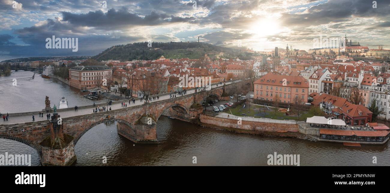 Scenic spring panoramic aerial view of the Old Town pier architecture ...