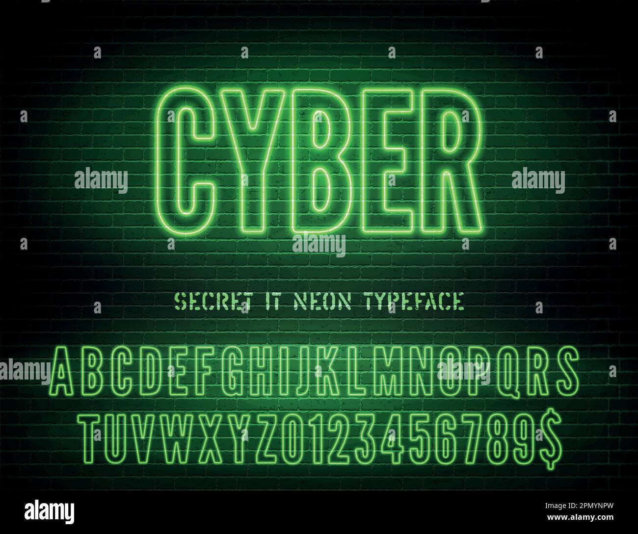 Green neon hollow typeface and vector Cyber night light sign on brick ...