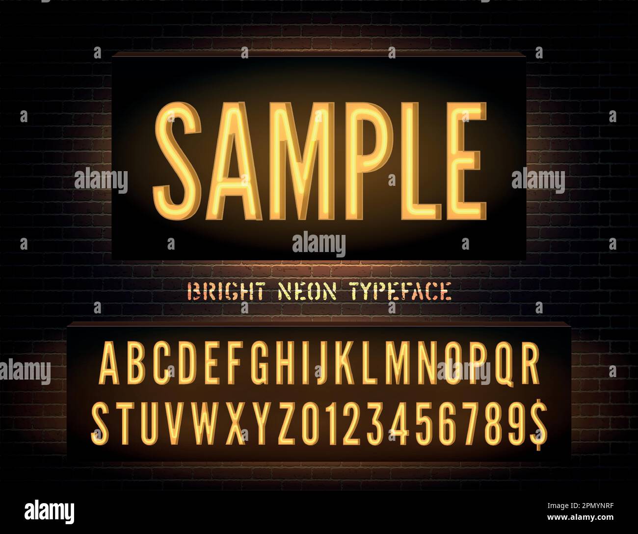 Orange neon box typeface and vector Sample night light sign on brick ...
