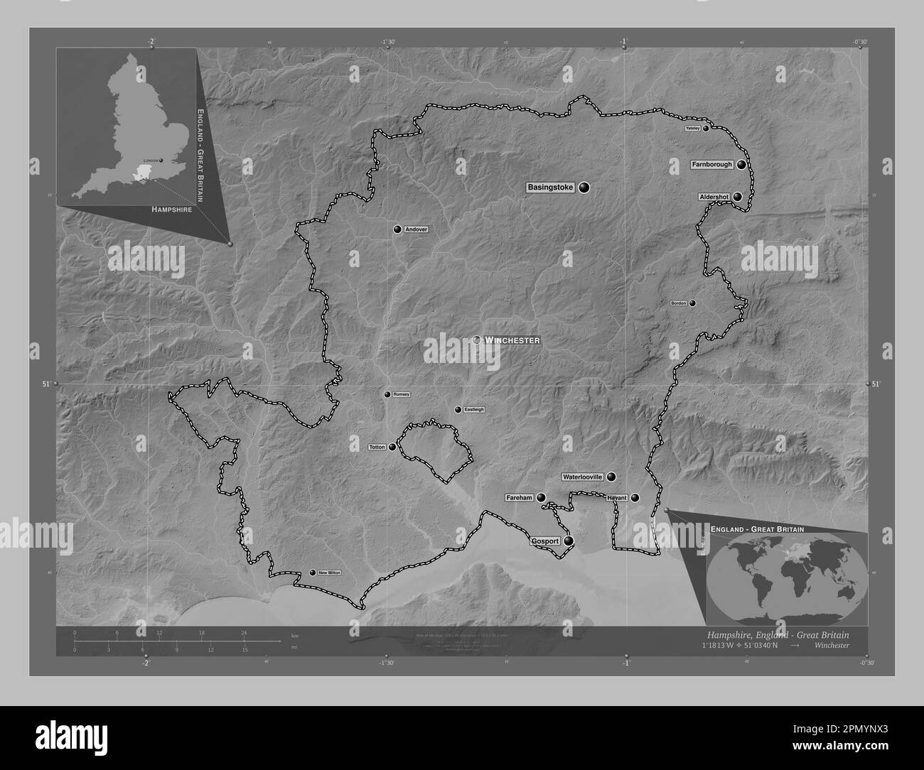 Hampshire, administrative county of England - Great Britain. Grayscale ...