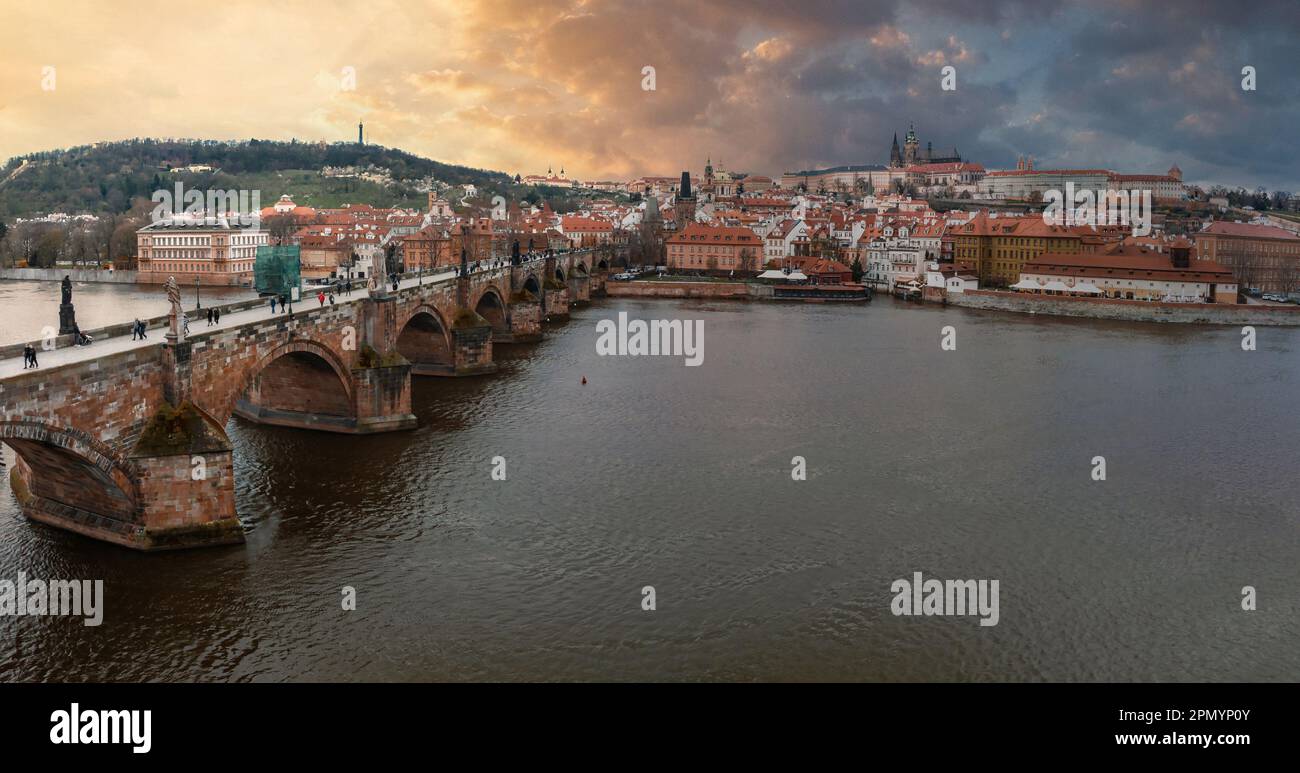 Scenic spring panoramic aerial view of the Old Town pier architecture ...