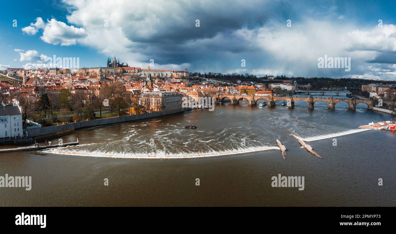 Scenic spring panoramic aerial view of the Old Town pier architecture ...