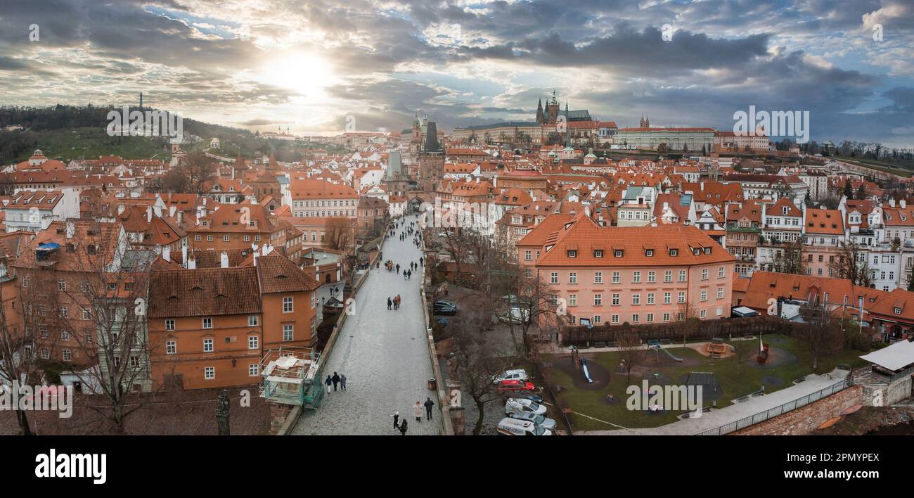 Scenic spring panoramic aerial view of the Old Town pier architecture ...