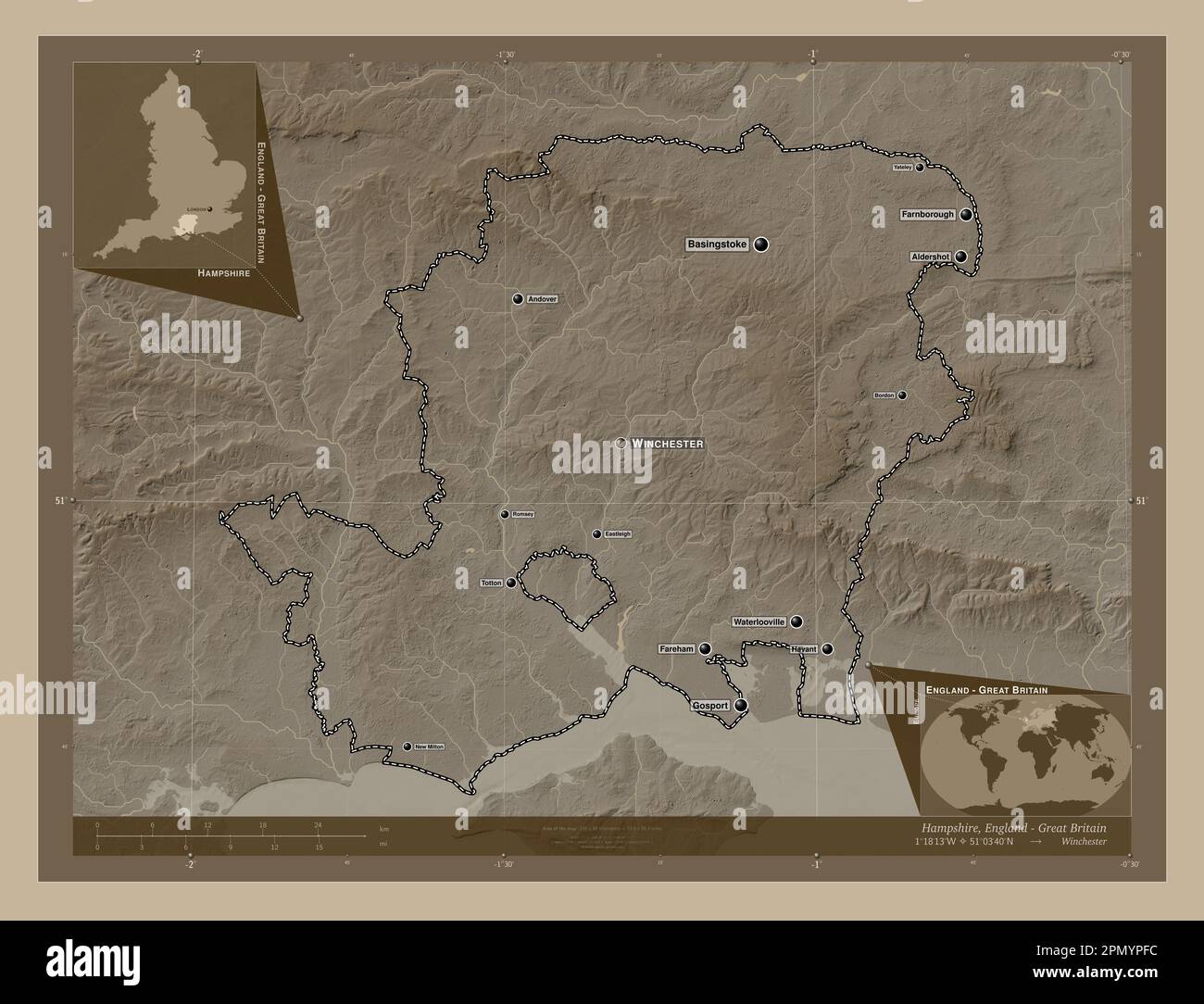 Hampshire, administrative county of England - Great Britain. Elevation ...