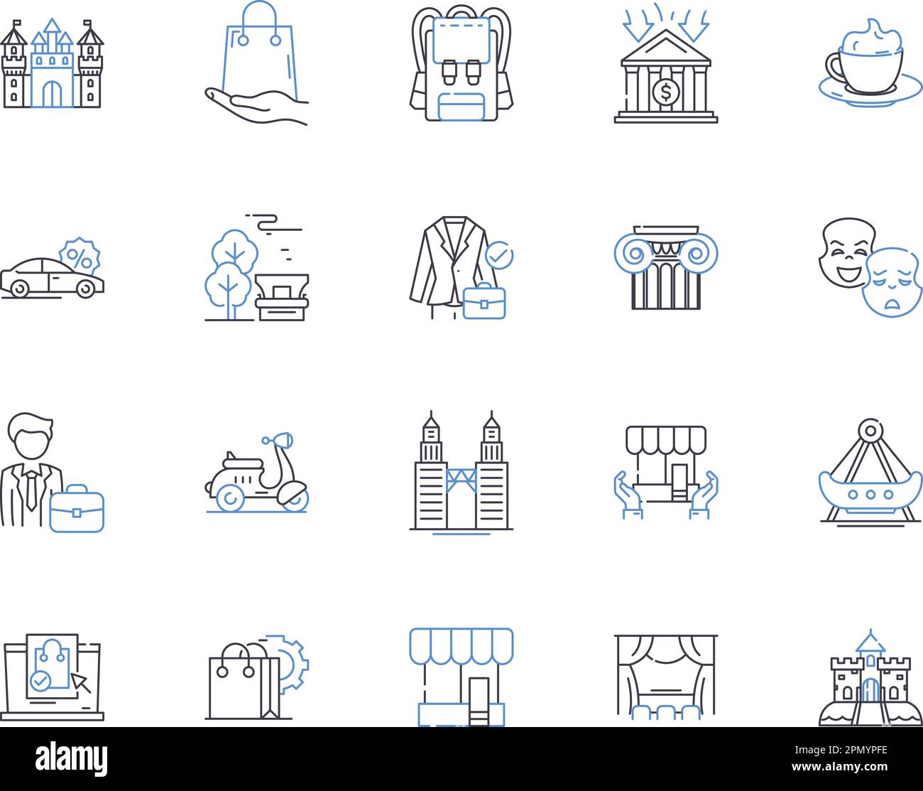 City centre shopping outline icons collection. Urban, Mall, Bazaar, Hub ...