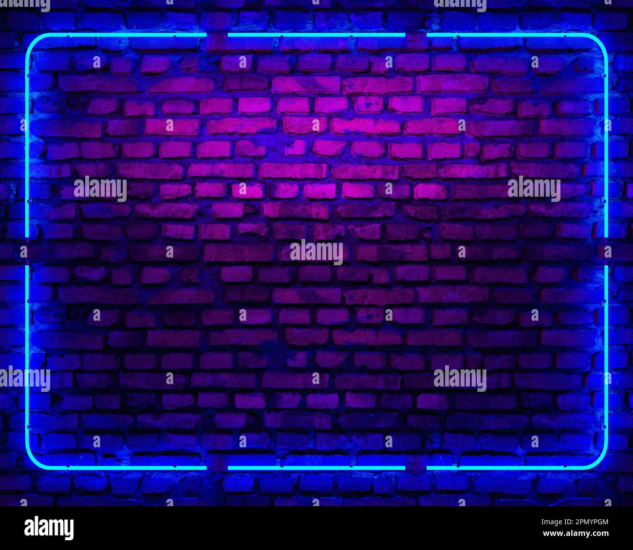 Brick wall, background, blue neon light frame. Neon room. 3d ...