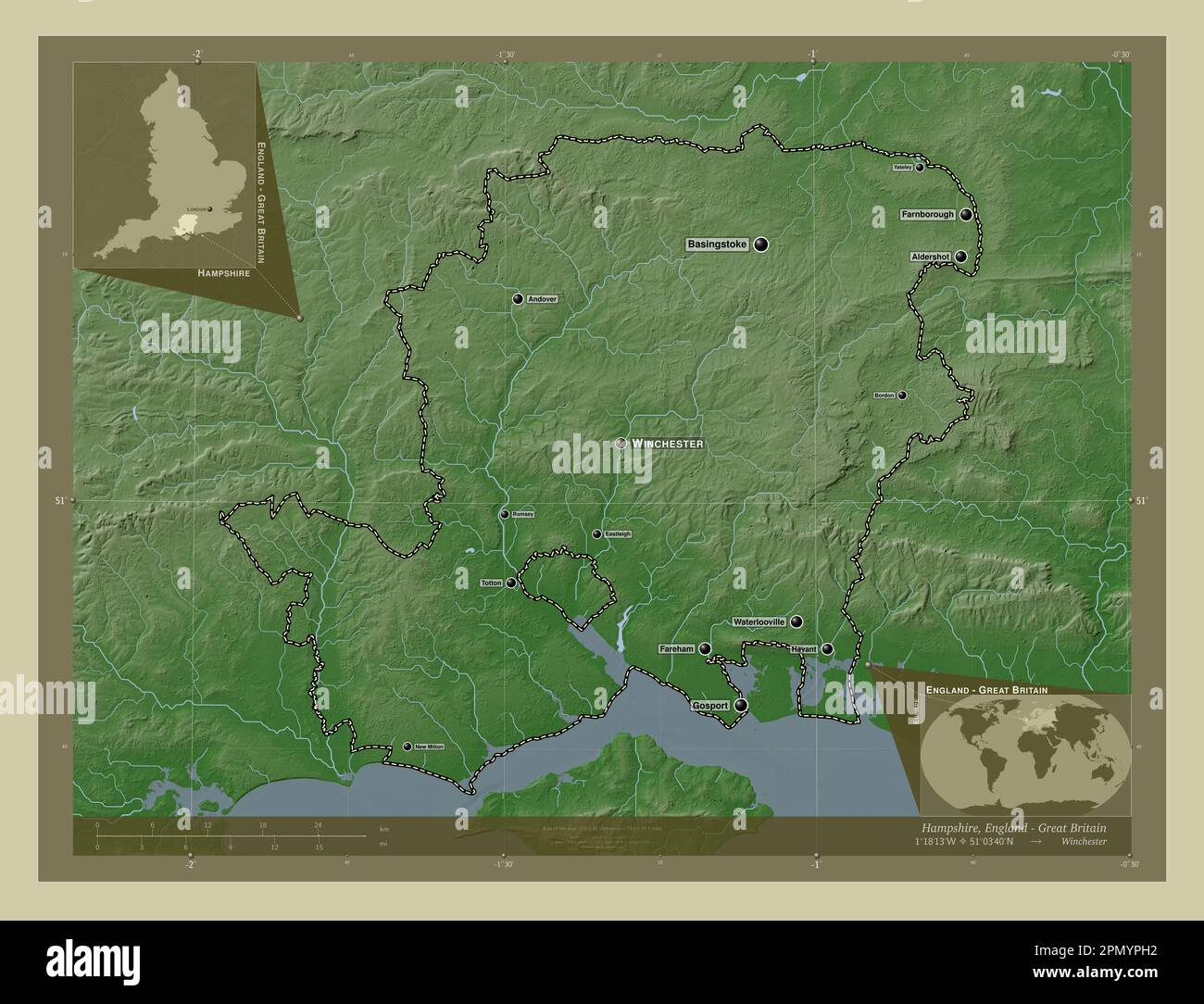 Hampshire, administrative county of England - Great Britain. Elevation ...