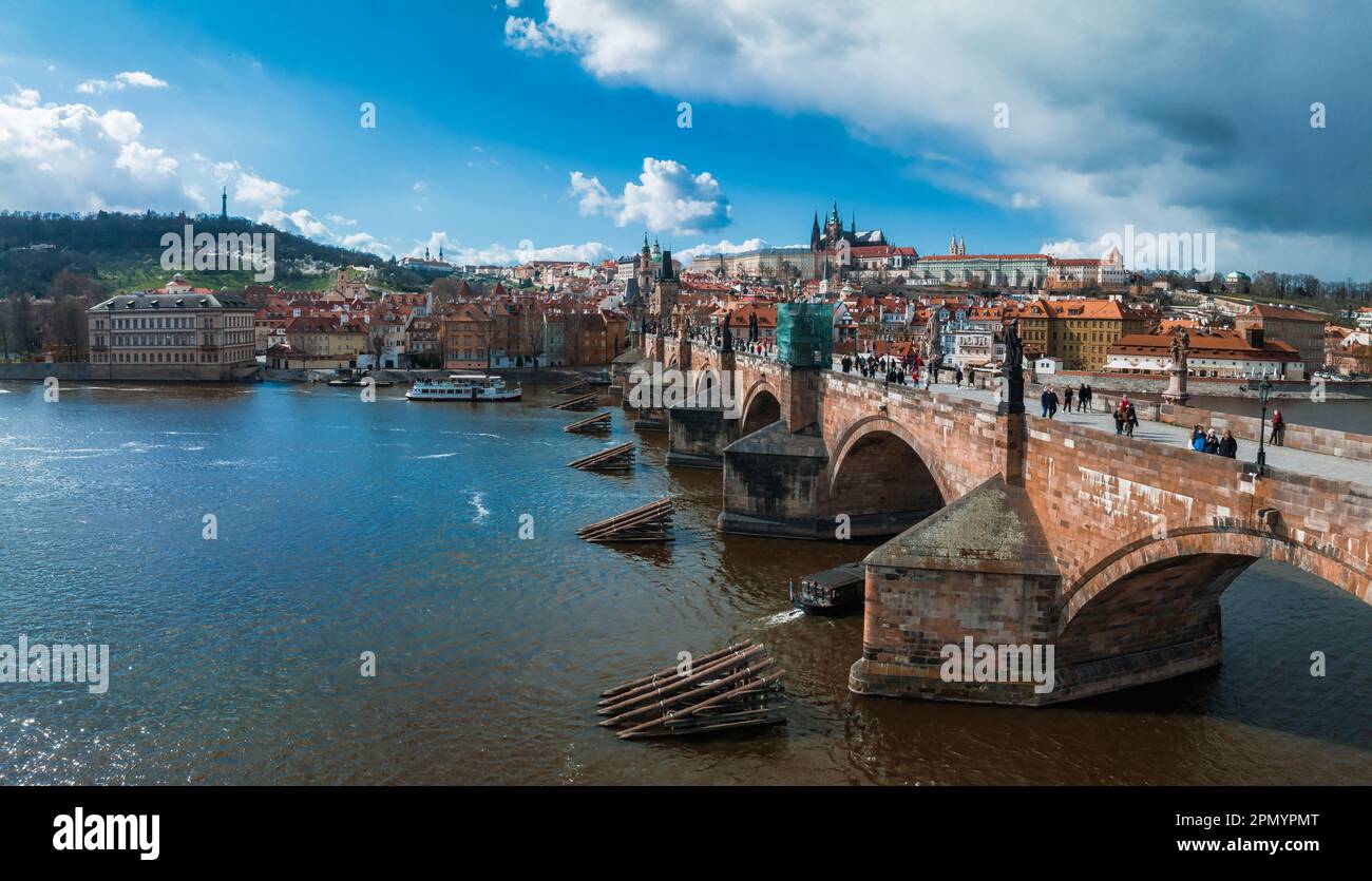 Scenic spring panoramic aerial view of the Old Town pier architecture ...