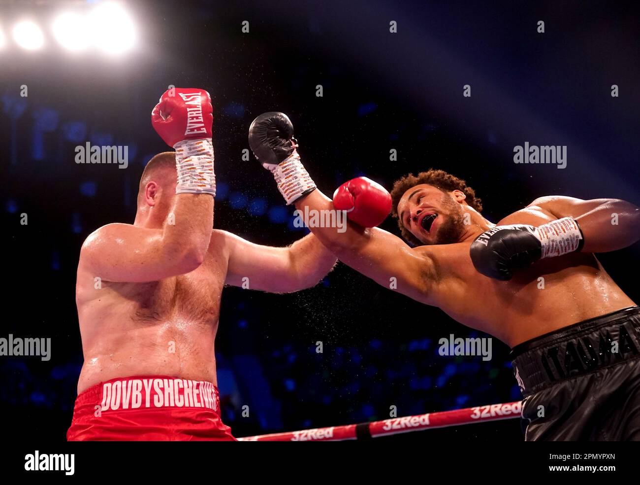 Moses Itauma (right) in action against Kostiantyn Dovbyshchenko during ...