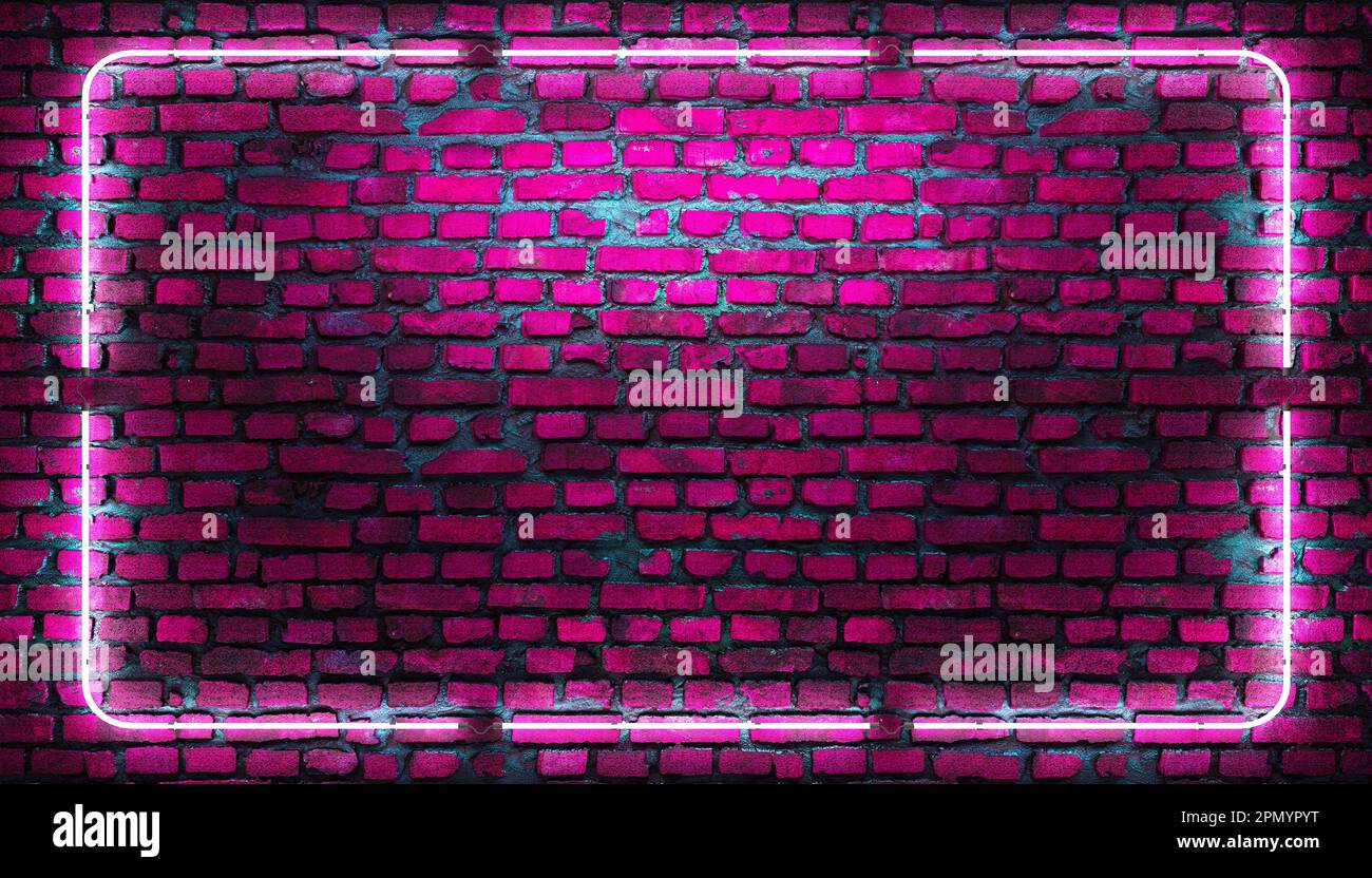 Brick wall, background, white neon light frame. Neon room. 3d ...