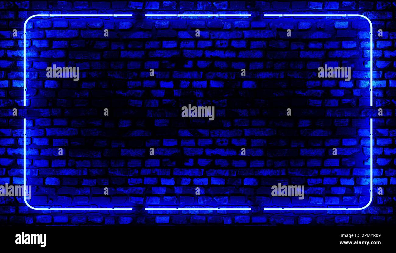 Brick wall, background, blue neon light frame. Neon room. 3d ...