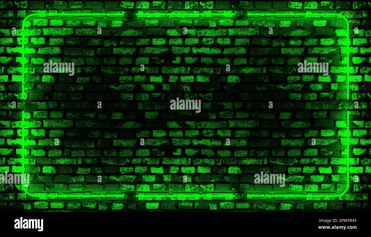 Brick wall, background, green neon light frame. Neon room. 3d ...