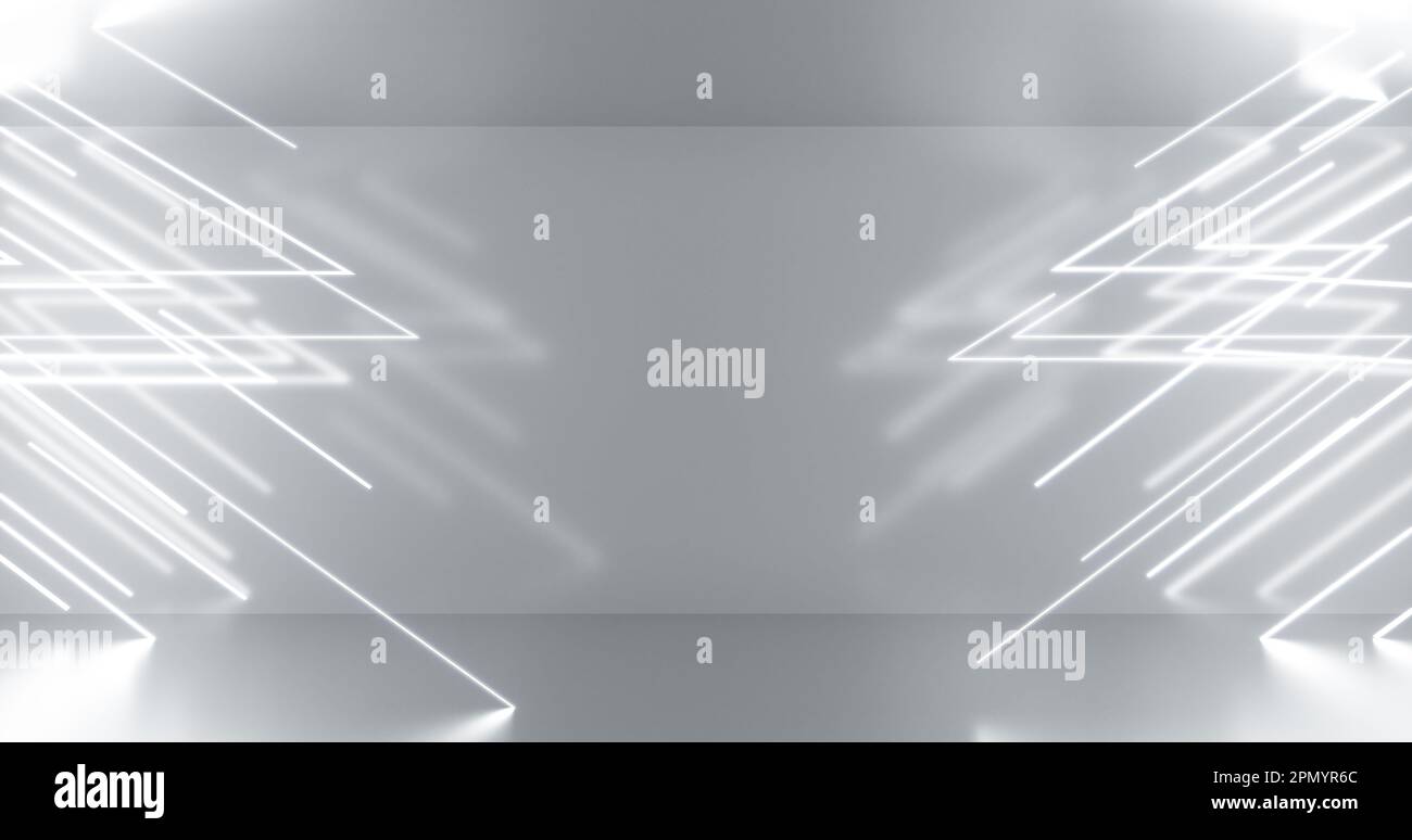 Broken lines of neon lights on a white background, bright reflections ...