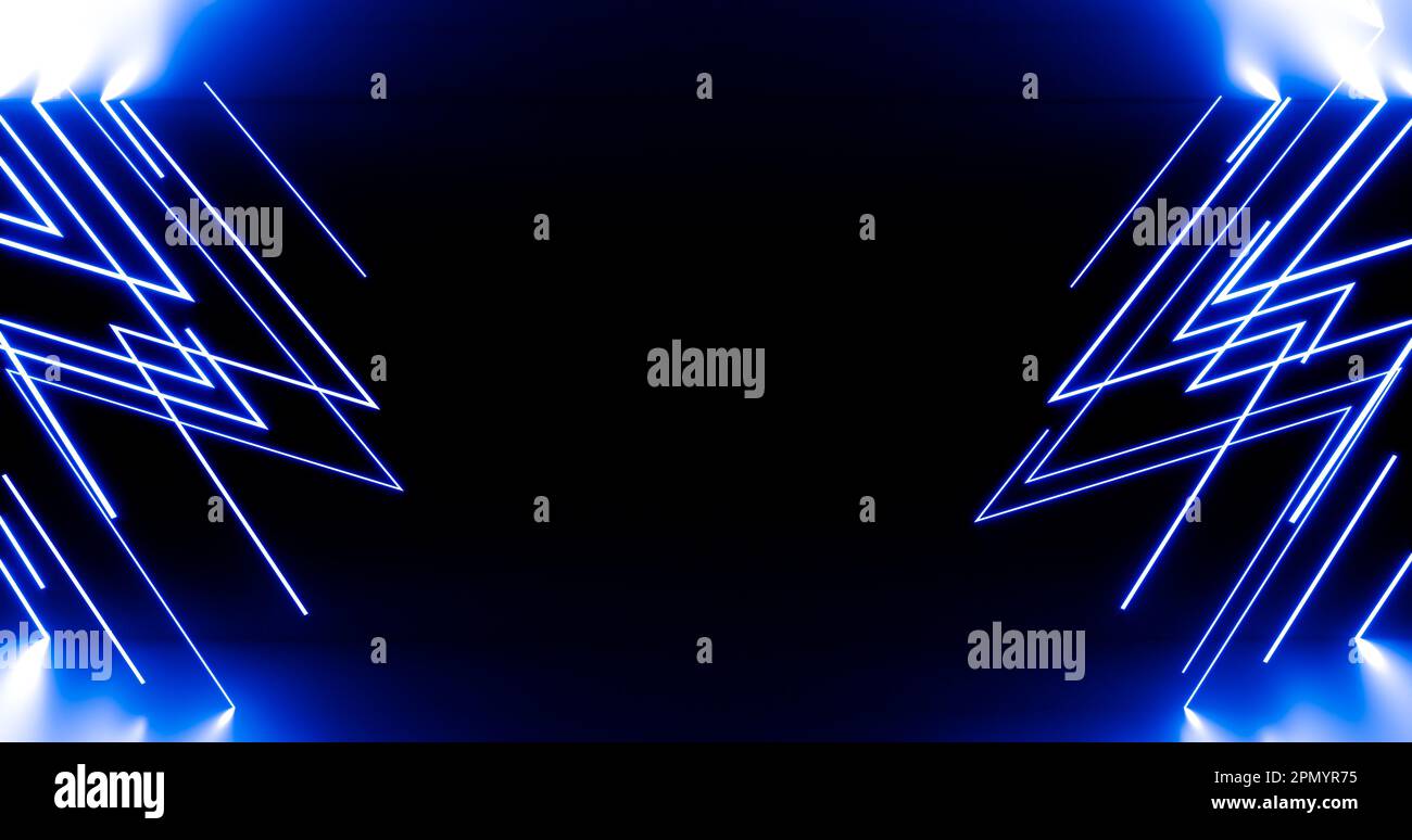 Broken lines of neon lights on a dark background, bright reflections ...