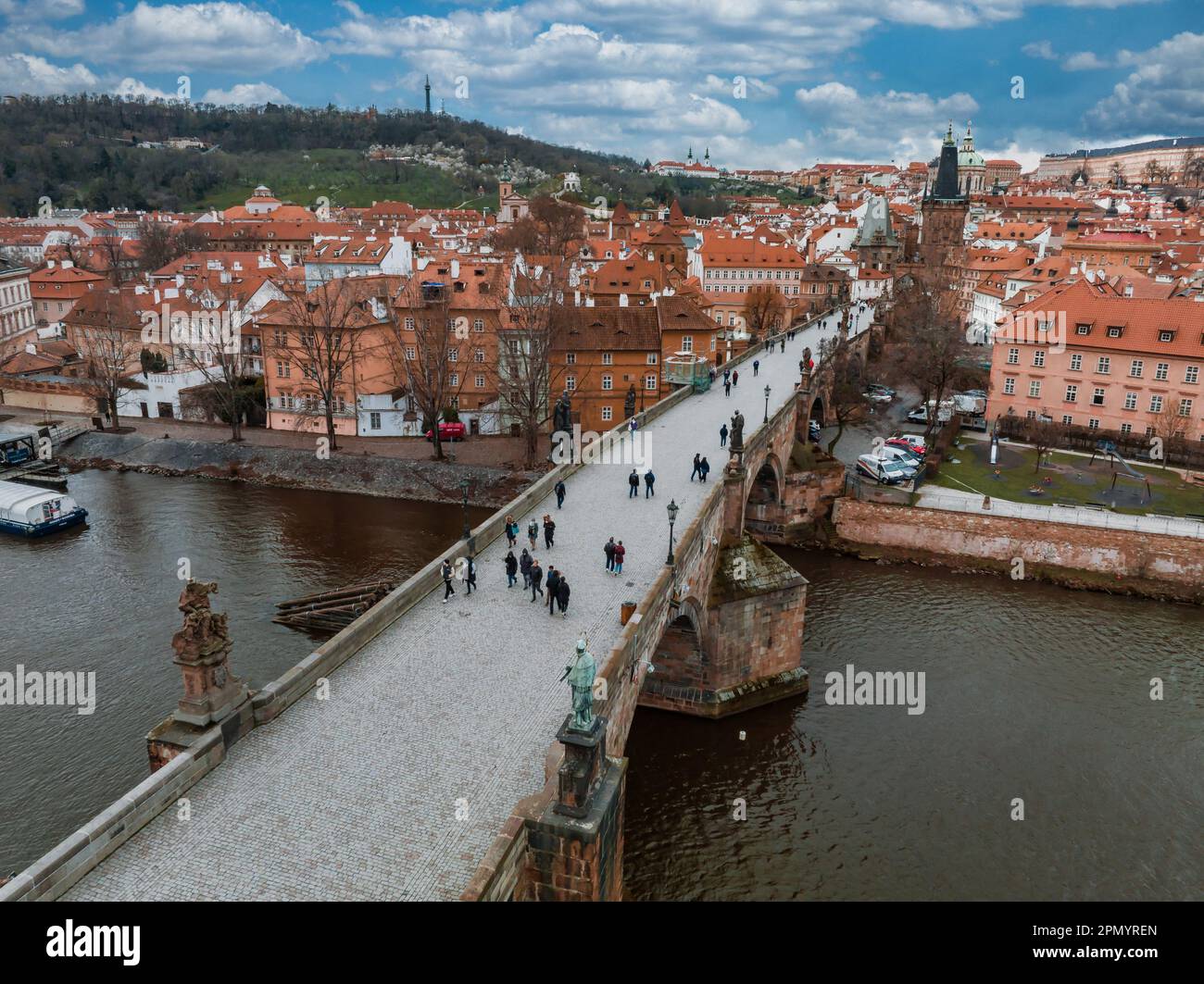 Scenic spring panoramic aerial view of the Old Town pier architecture ...