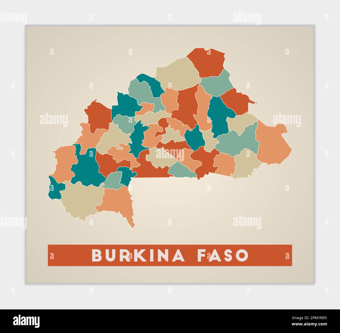 Burkina Faso poster. Map of the country with colorful regions. Shape of ...