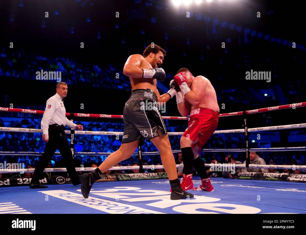 Moses Itauma (left) in action against Kostiantyn Dovbyshchenko during ...