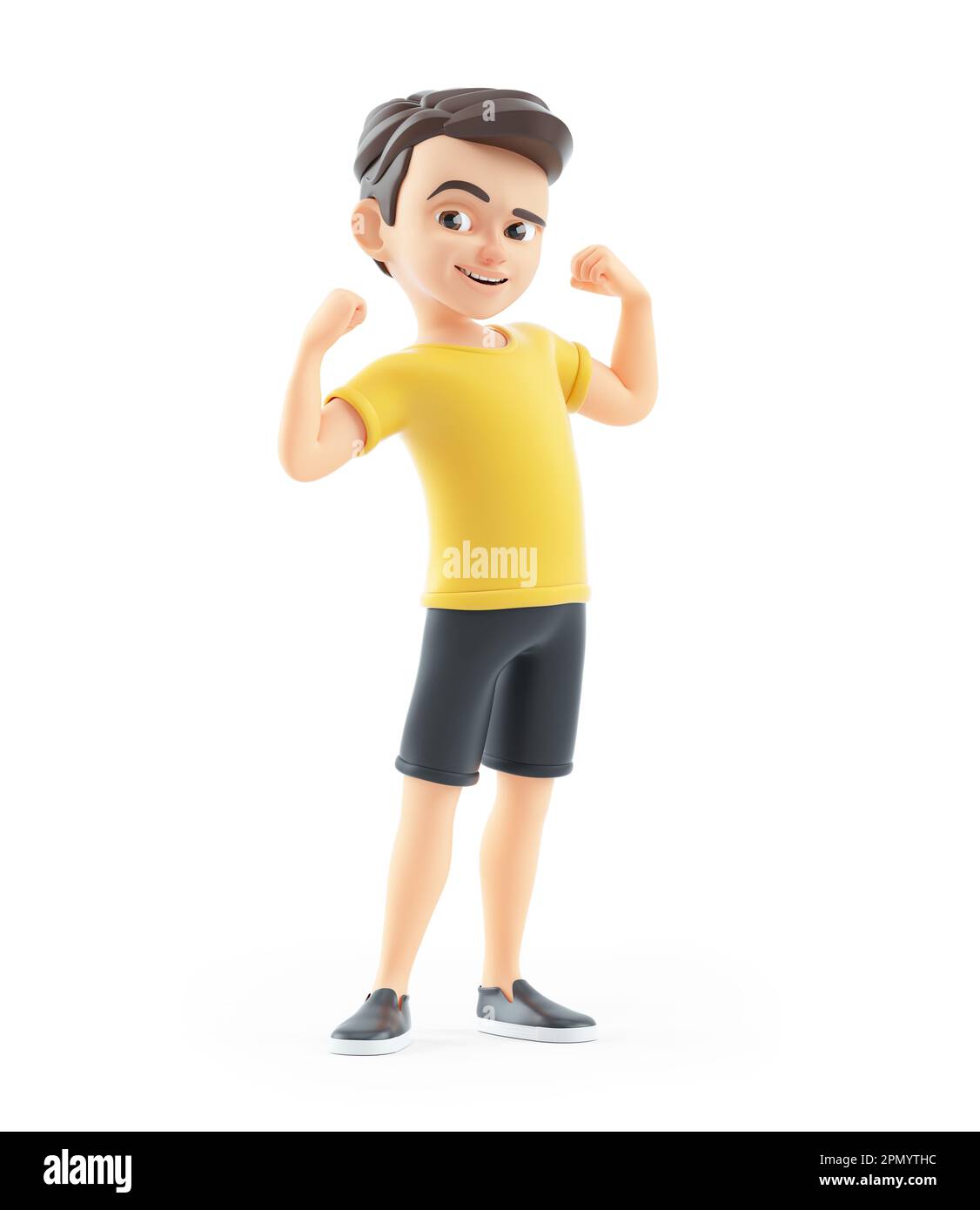 3d boy flexing arm muscles, illustration isolated on white background ...